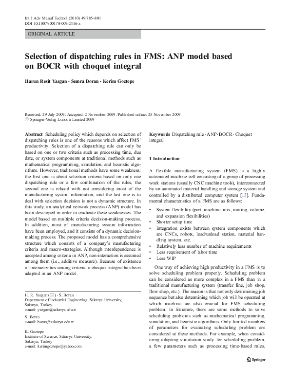 (PDF) Selection of dispatching rules in FMS: ANP model based on BOCR with choquet integral