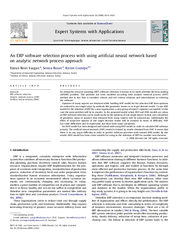 Pdf An Erp Software Selection Process With Using Artificial Neural