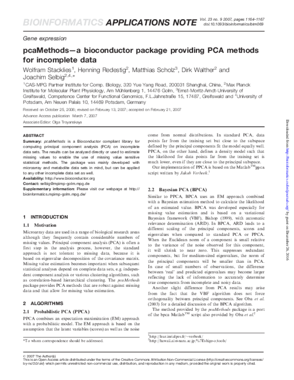 Pdf Pcamethods A Bioconductor Package Providing Pca Methods For Incomplete Data
