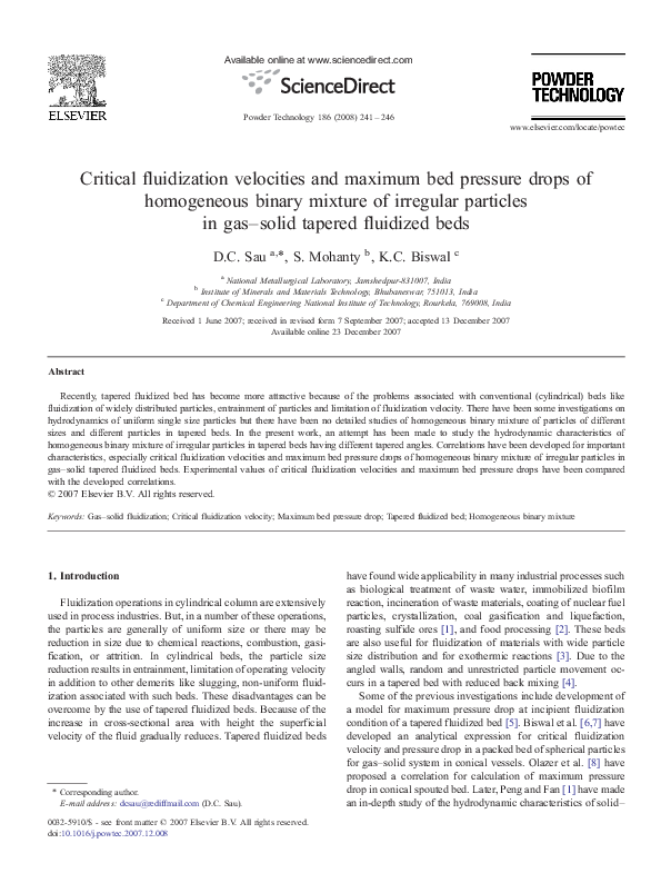 Pdf Critical Fluidization Velocities And Maximum Bed Pressure Drops Of Homogeneous Binary
