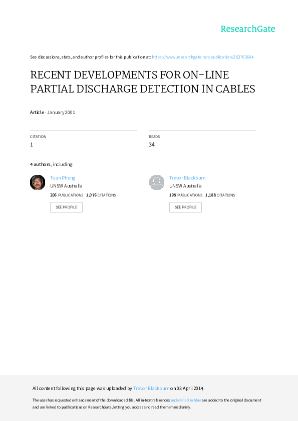 Pdf Recent Developments For On Line Partial Discharge Detection In Cables