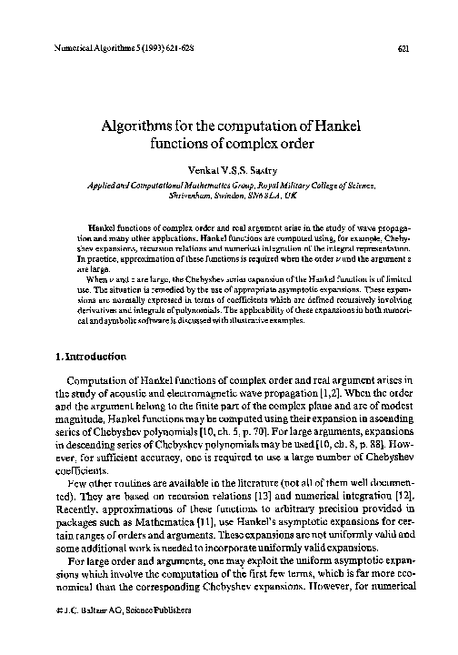 Pdf Algorithms For The Computation Of Hankel Functions Of Complex Order