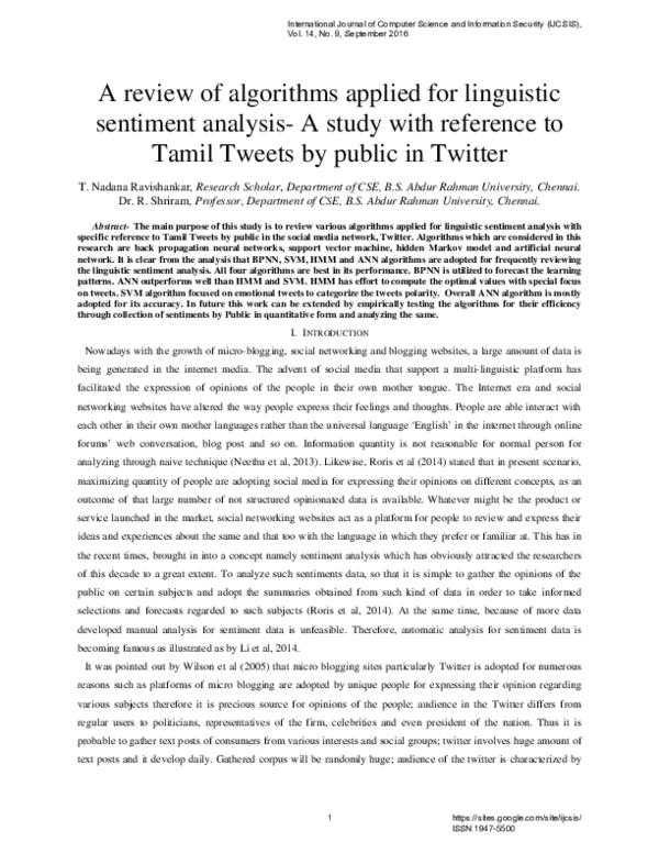 Pdf A Review Of Algorithms Applied For Linguistic Sentiment Analysis