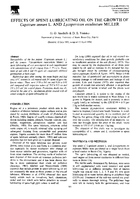 (PDF) Effects of spent lubricating oil on the growth of Capsicum annum ...