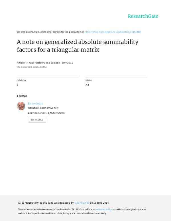 Pdf A Note On Generalized Absolute Summability Factors For A Triangular Matrix
