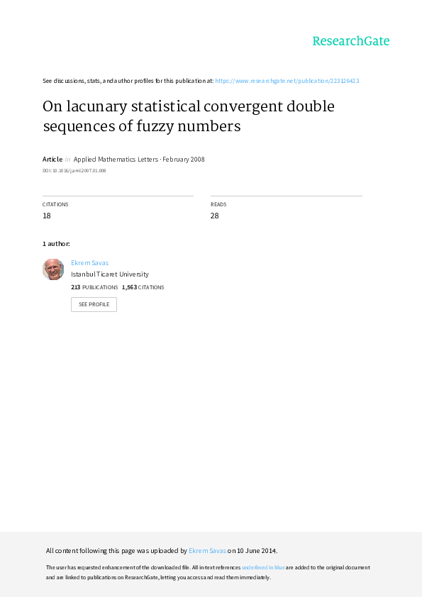 (PDF) On lacunary statistically convergent double sequences of fuzzy numbers
