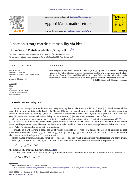Pdf A Note On Strong Matrix Summability Via Ideals Ekrem Savas
