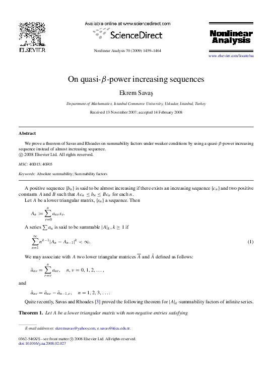 (PDF) On quasi- -power increasing sequences