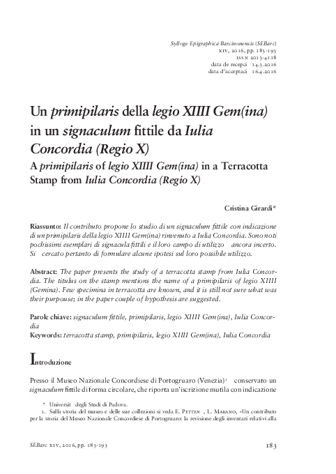 (PDF) Un primipilaris della legio XIIII Gem(ina) in un signaculum ...