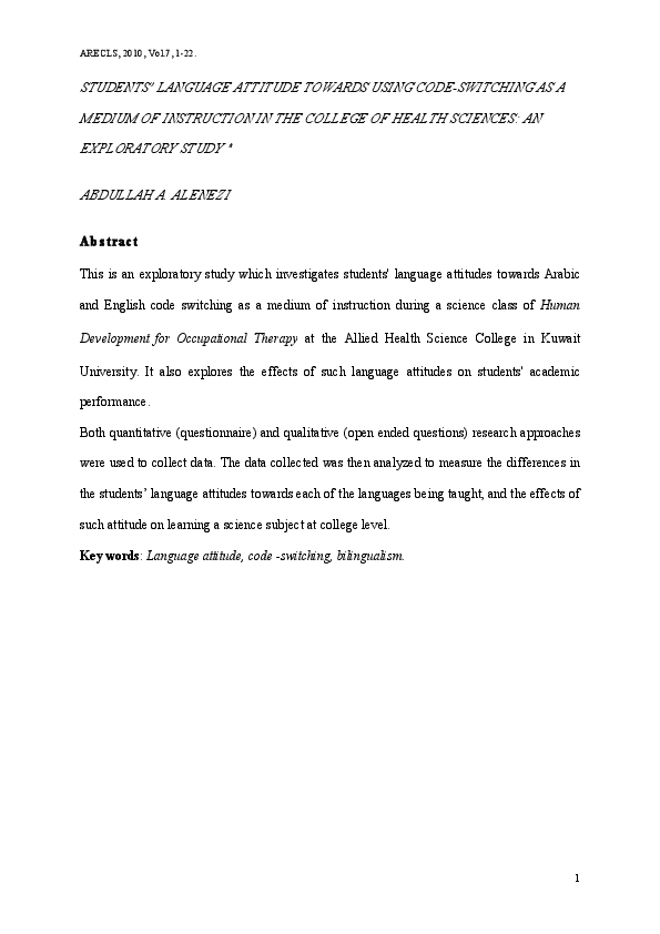 (PDF) STUDENTS' LANGUAGE ATTITUDE TOWARDS USING CODE-SWITCHING AS A MEDIUM OF INSTRUCTION IN THE ...