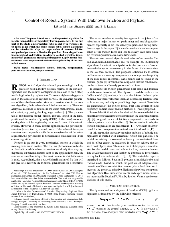 (PDF) Control of robotic systems with unknown friction and payload