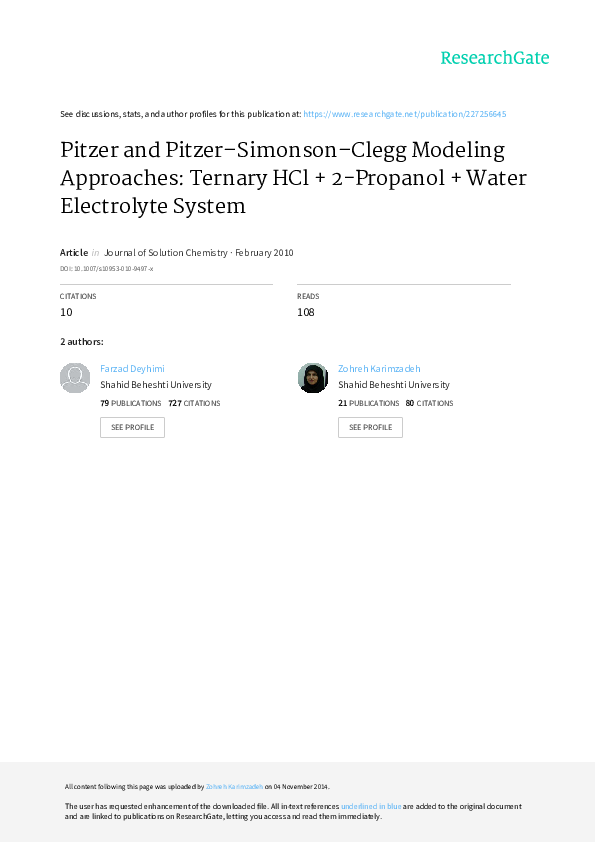 (PDF) Pitzer and Pitzer-Simonson-Clegg modeling approaches: Ternary ...