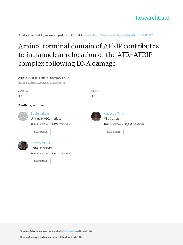 (PDF) Amino-terminal domain of ATRIP contributes to intranuclear ...