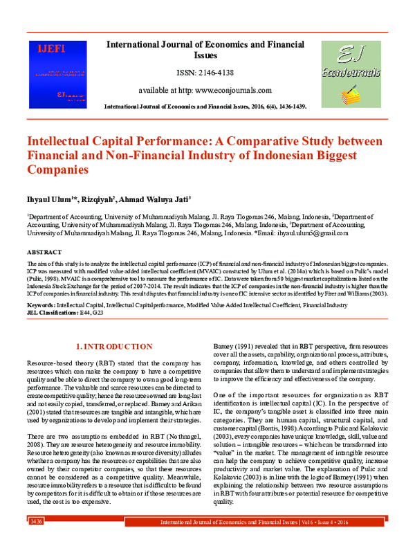 (PDF) Intellectual Capital Performance: A Comparative Study between Financial and Non-Financial ...