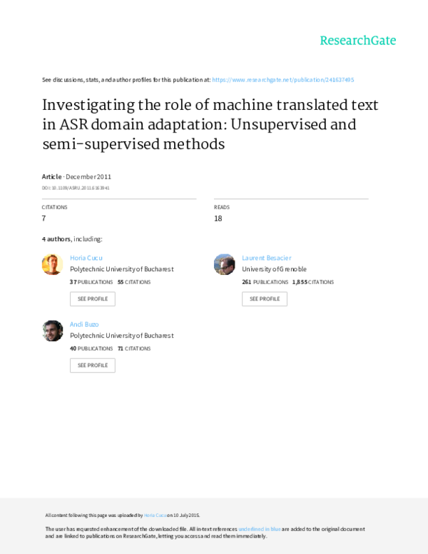 (PDF) Investigating the role of machine translated text in ASR domain adaptation: Unsupervised ...