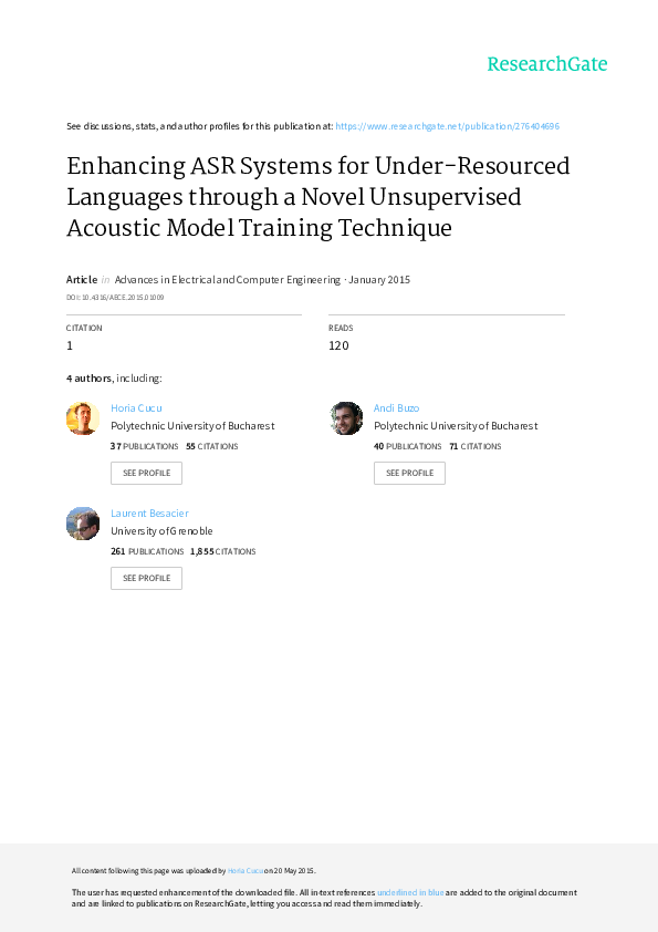 Pdf Enhancing Asr Systems For Under Resourced Languages Through A Novel Unsupervised Acoustic