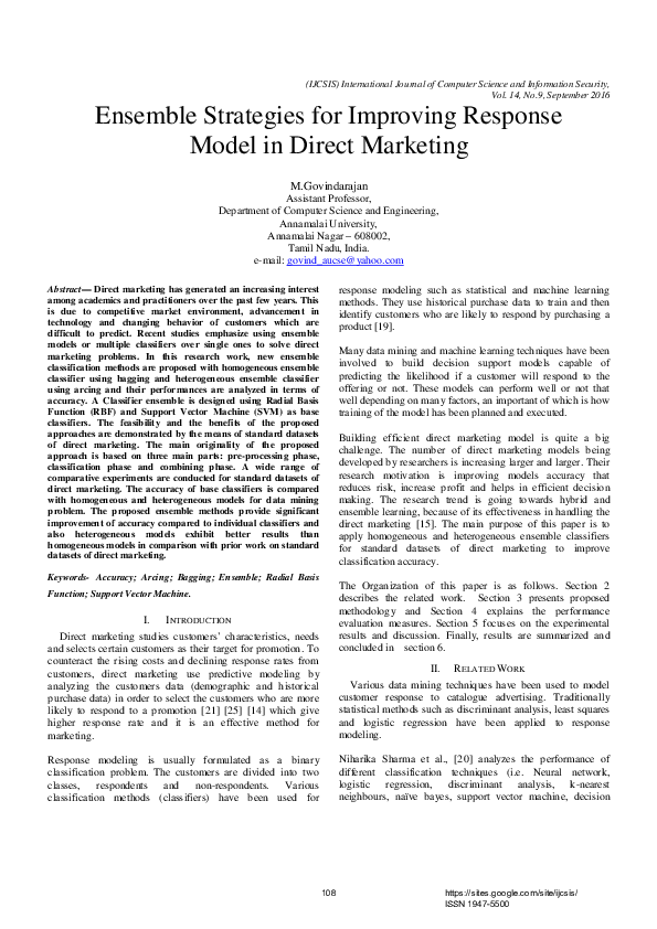(PDF) Ensemble Strategies for Improving Response Model in Direct Marketing