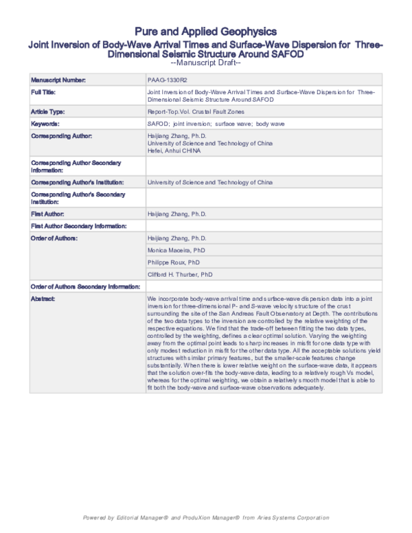 (PDF) Joint Inversion of Body-Wave Arrival Times and Surface-Wave Dispersion for Three ...