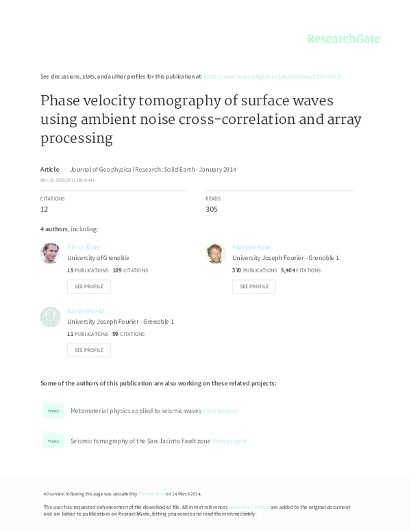 (PDF) Phase velocity tomography of surface waves using ambient noise cross correlation and array ...