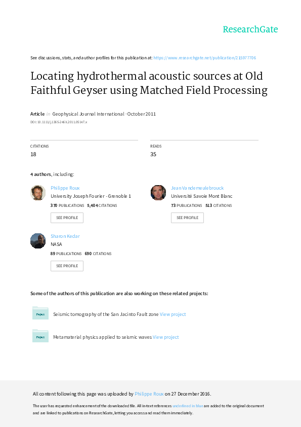 (PDF) Locating hydrothermal acoustic sources at Old Faithful Geyser using Matched Field Processing