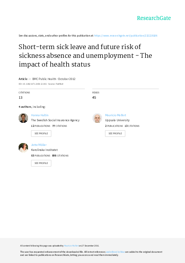 (PDF) Short-term sick leave and future risk of sickness absence and ...