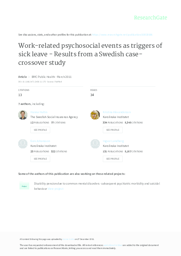 (PDF) Work-related psychosocial events as triggers of sick leave ...