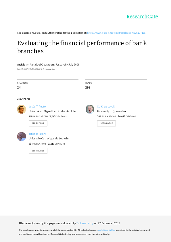(PDF) Evaluating the financial performance of bank branches