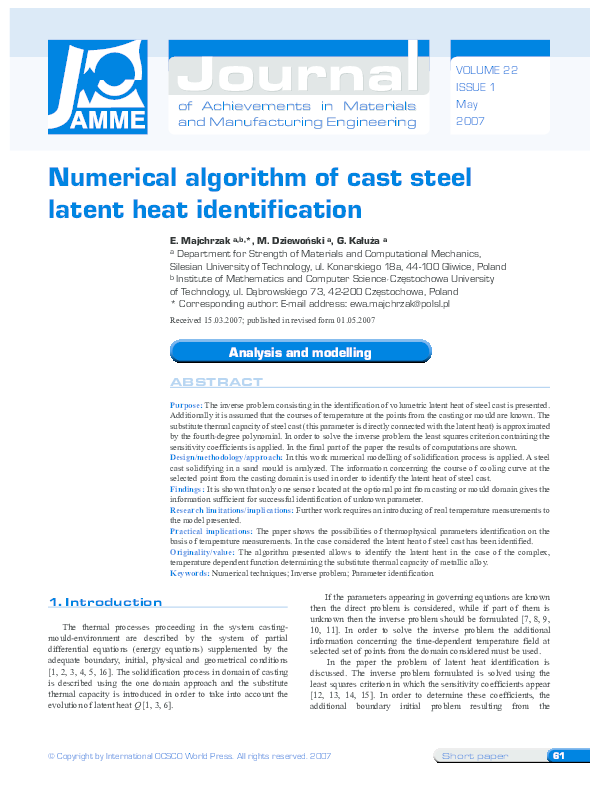 (PDF) Numerical algorithm of cast steel latent heat identification