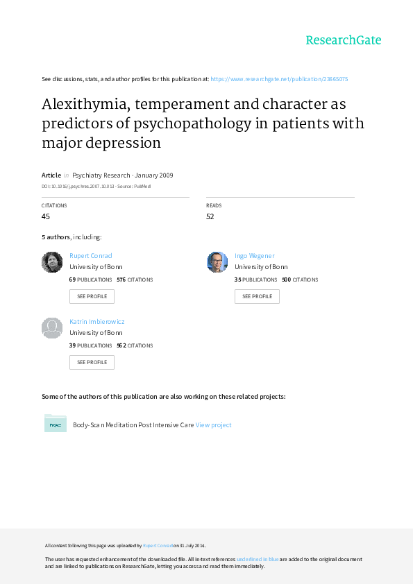 (PDF) Alexithymia, temperament and character as predictors of ...