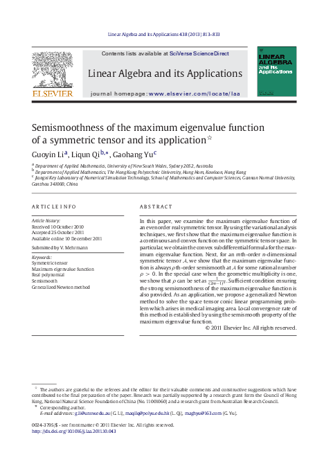 Pdf Semismoothness Of The Maximum Eigenvalue Function Of A Symmetric Tensor And Its