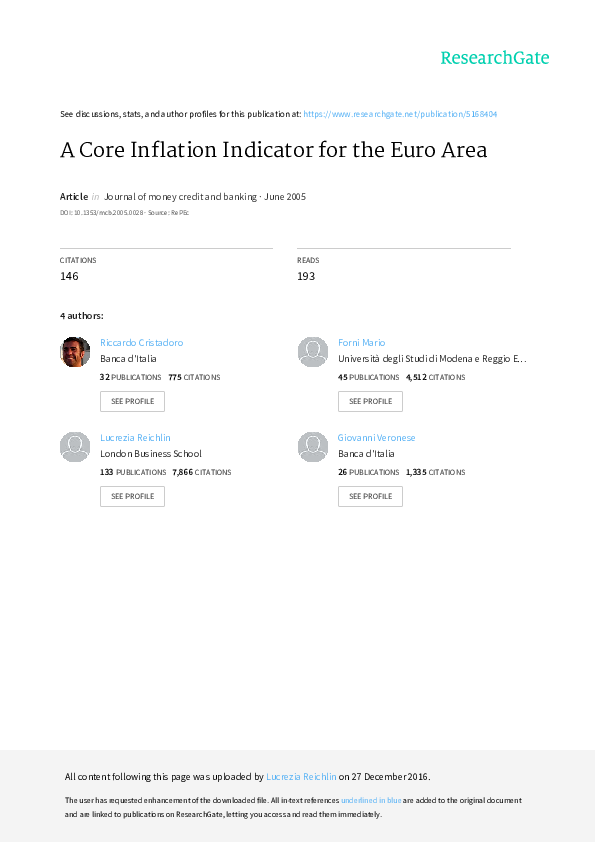 (PDF) A Core Inflation Indicator for the Euro Area