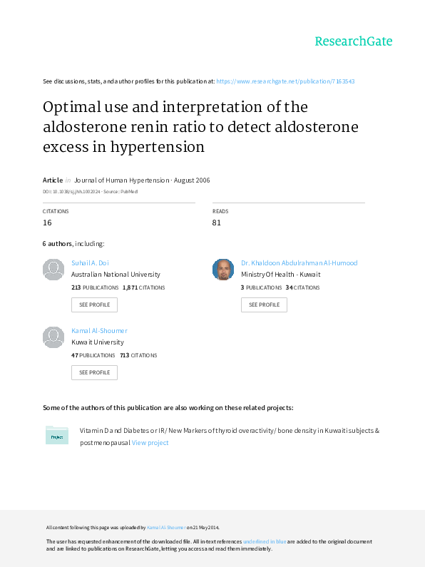 (PDF) Optimal use and interpretation of the aldosterone renin ratio to detect aldosterone excess ...