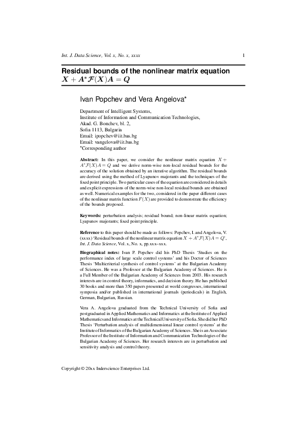(PDF) Residual bounds of the nonlinear matrix equation X + A * F (X)A = Q