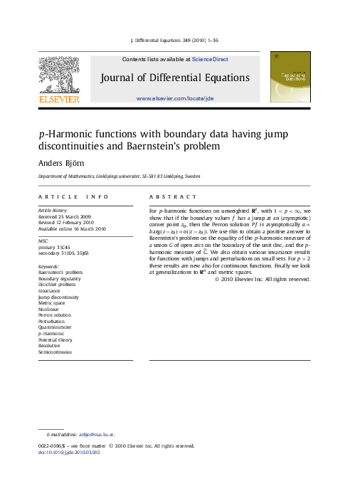 (PDF) p-Harmonic functions with boundary data having jump discontinuities and Baernstein's problem