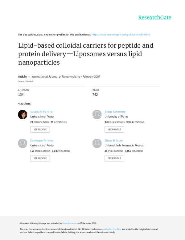(PDF) Lipid-Based Colloidal Carriers for Peptide and Protein Delivery ...