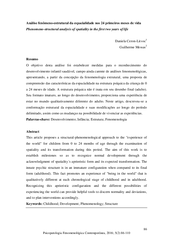 (PDF) Análise fenômeno-estrutural da espacialidade nos 24 primeiros meses de vida Phenomeno ...