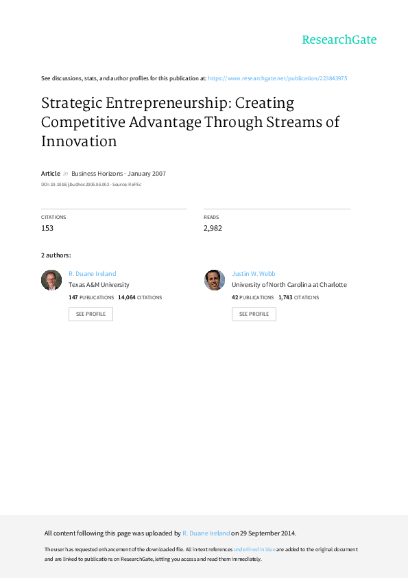 (PDF) Strategic entrepreneurship: Creating competitive advantage ... (PDF) Strategic entrepreneurship: Creating competitive advantage ...