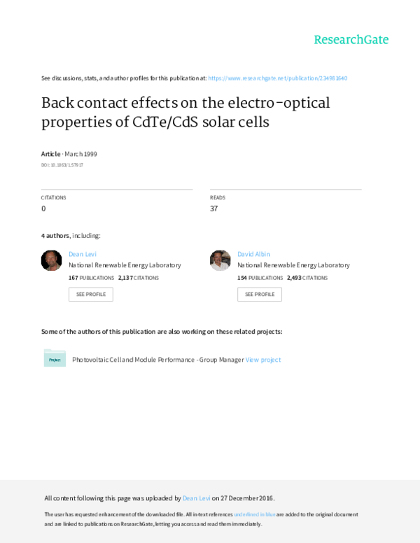 (PDF) Back contact effects on the electro-optical properties of CdTe/CdS solar cells