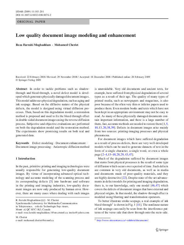 (PDF) Low quality document image modeling and enhancement