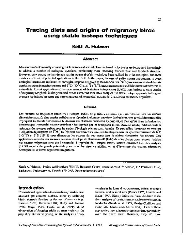(PDF) Tracing diets and origins of migratory birds using stable isotope ...