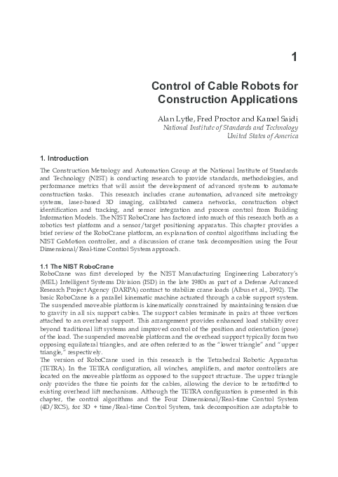 (PDF) Control of Cable Robots for Construction Applications