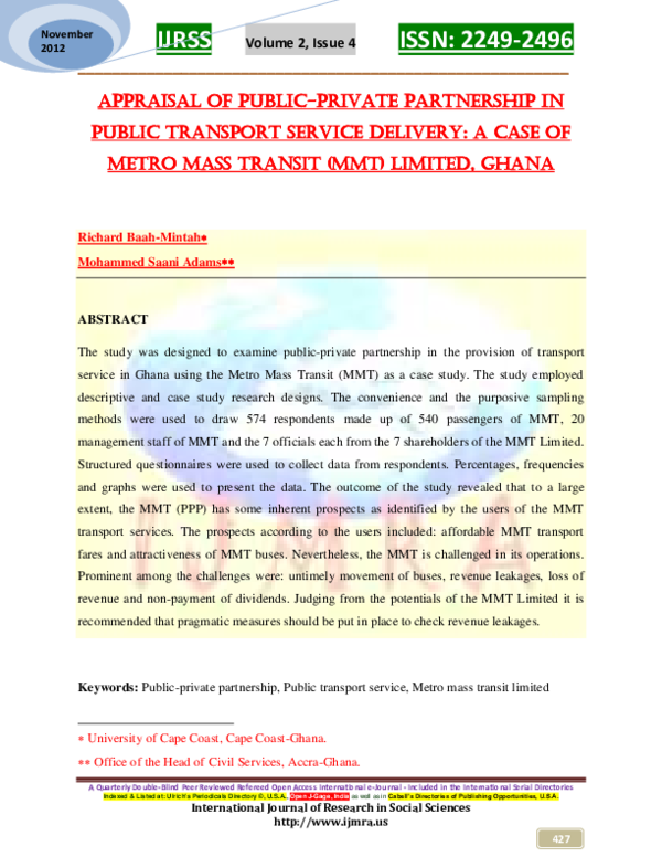 (PDF) Appraisal of Public-Private Partnership in Public Transport ...