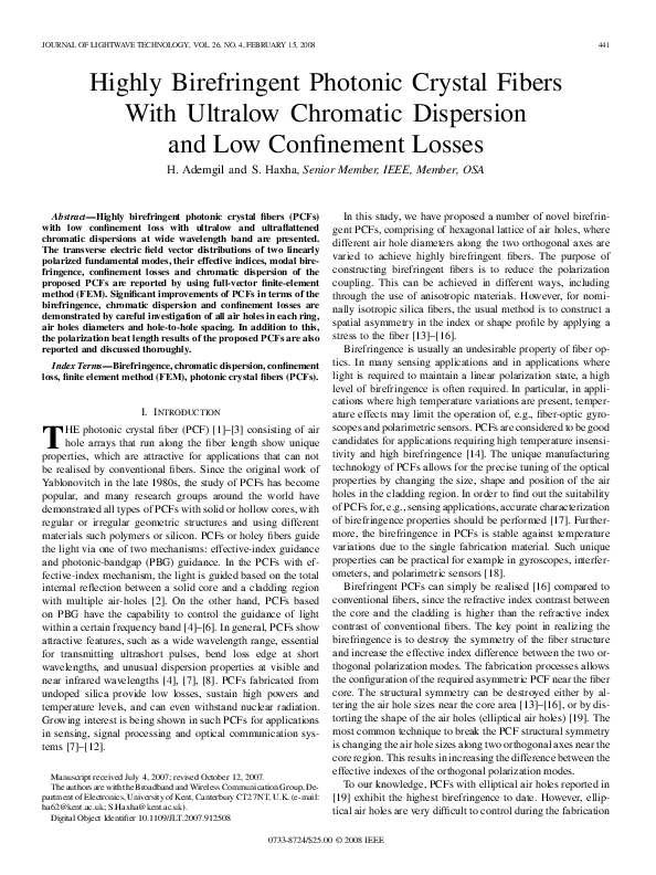 (PDF) Highly birefringent photonic crystal fibers with elliptical holes
