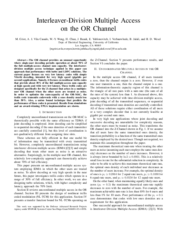 (PDF) Interleaver-division multiple access on the OR channel