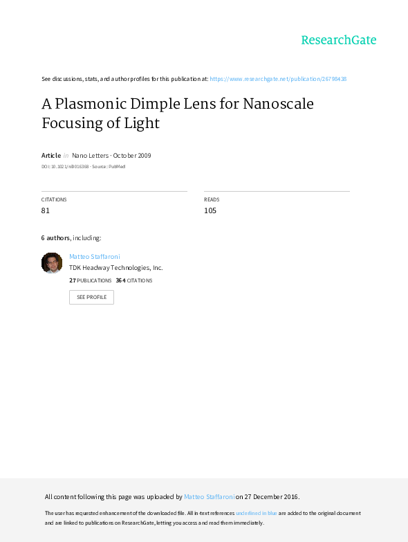 (PDF) A Plasmonic Dimple Lens for Nanoscale Focusing of Light