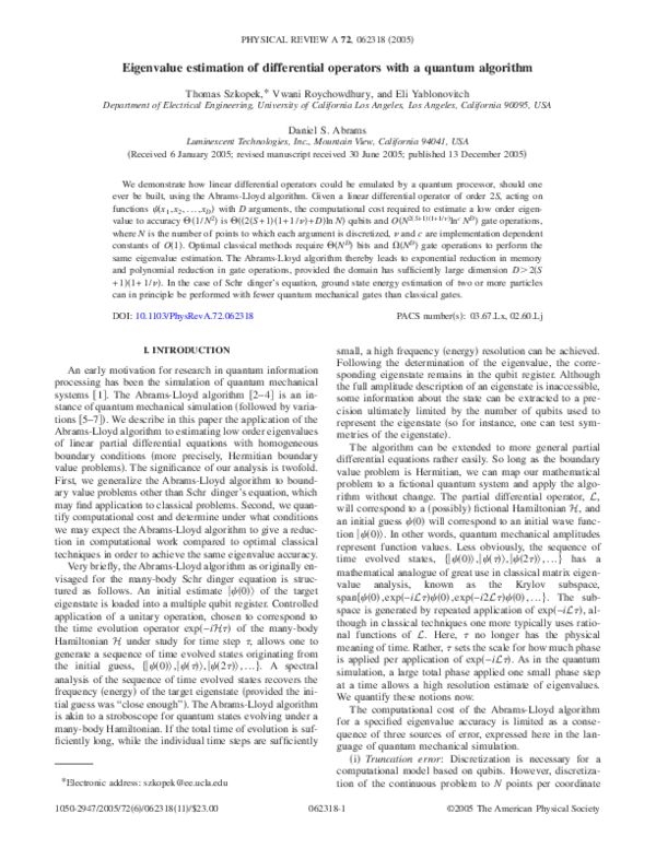 Pdf Eigenvalue Estimation Of Differential Operators With A Quantum Algorithm