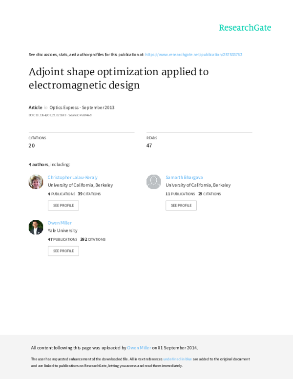 (PDF) Adjoint shape optimization applied to electromagnetic design