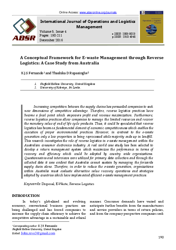 (PDF) A Conceptual Framework for E-waste Management through Reverse ...