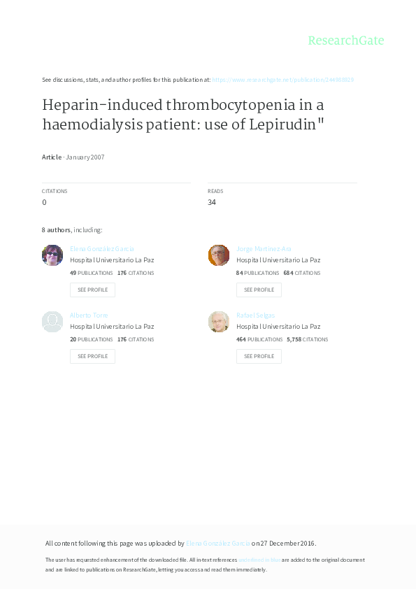 (PDF) Heparin-induced thrombocytopenia in a haemodialysis patient: use ...