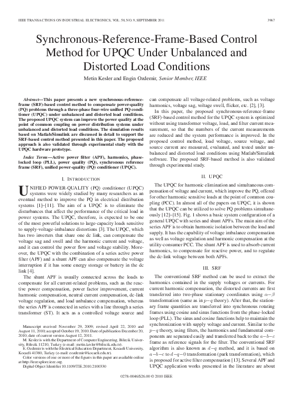 Pdf Synchronous Reference Frame Based Control Method For Upqc Under Unbalanced And Distorted